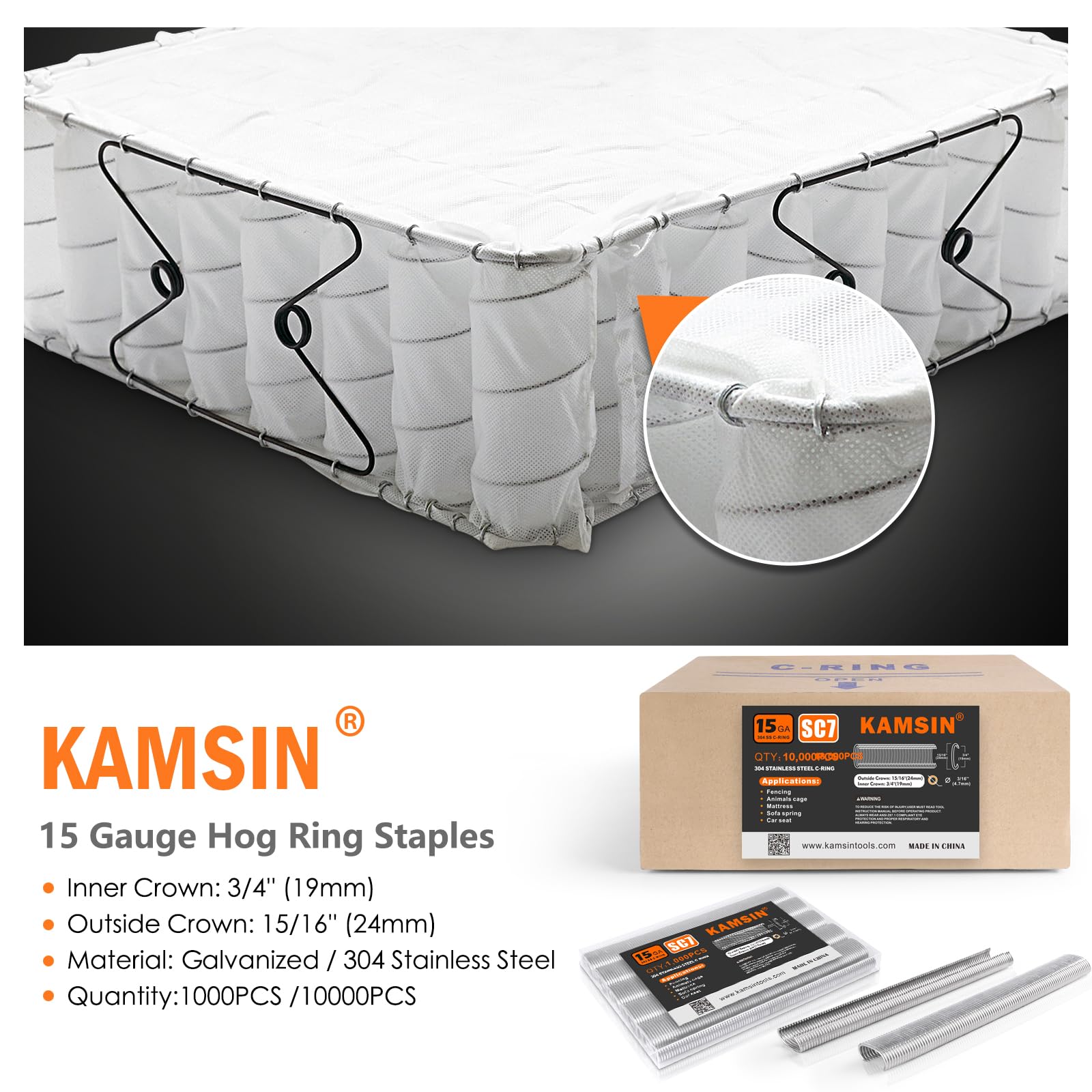 Kamsin K-SC7E 15 Gauge Pneumatic Hog Ring Gun 3/4-Inch Crown Long Nose Air Power C Ring Gun, 7-8mm Closure Diameter Hog Ring Stapler, C Ring Stapler Fencing Tool for Spring Mattress, Cages, Car Seat