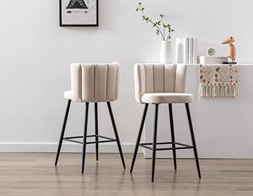 Kmax 30 Inch Bar Stools Set of 2 Modern Fabric Bar Stools with Black Footrest Petals Seat for Kitchen Island&Bar, Beige