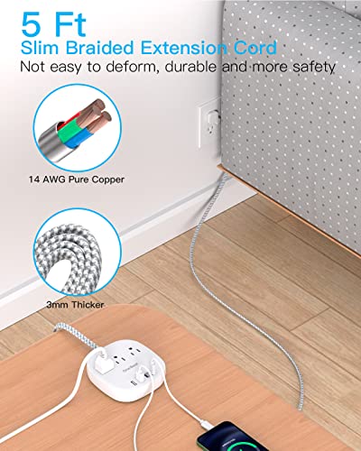 Flat Plug Power Strip, 5ft Ultra Flat Extension Cord - 3 Outlets 4 USB Ports (2 USB C) Desktop Charging Station, Power Strip with No Surge Protection for Cruise Ship, Travel, Dorm Room Essentials