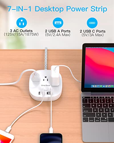 Flat Plug Power Strip, 5ft Ultra Flat Extension Cord - 3 Outlets 4 USB Ports (2 USB C) Desktop Charging Station, Power Strip with No Surge Protection for Cruise Ship, Travel, Dorm Room Essentials