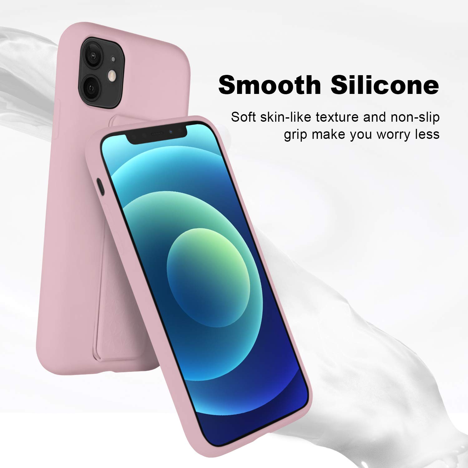 LAUDTEC iPhone 12 Mini Case with Kickstand, Vertical/Horizontal Stand Hand Strap Kickstand | Microfiber Linner | Liquid Silicone Full Body Protective Stand Case for iPhone 12 Mini 5.4'' Pink