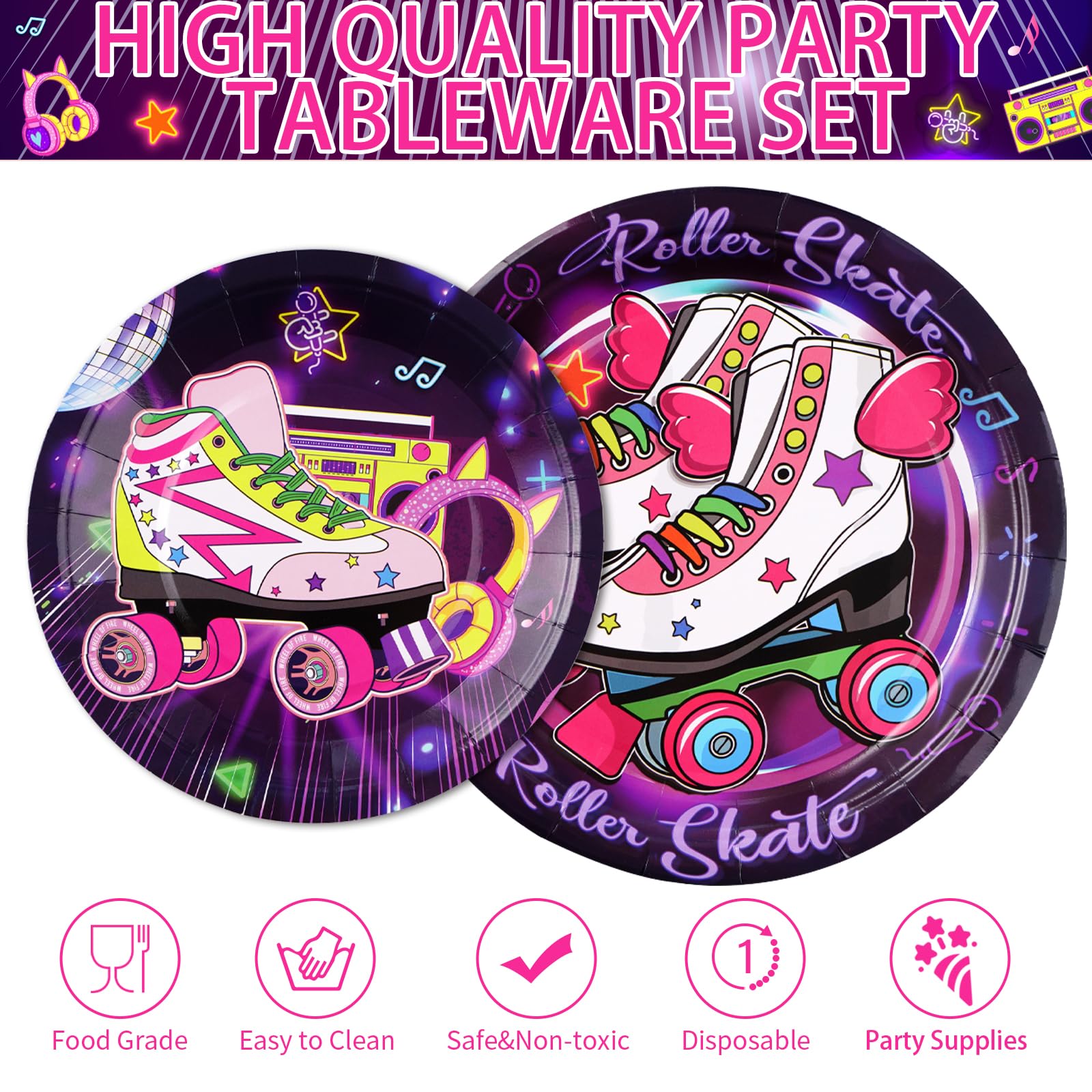 96Pcs Roller Skating Party Supplies Retro Roller Skate Plates Napkins Forks, Roller Skate Party Decorations for Girls Teens Birthday, Roller Skate Theme Party, Serve 24