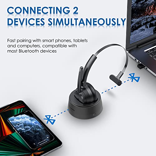 Mopchnic Bluetooth Headset, Wireless Headset with Upgraded Microphone AI Noise Canceling, On Ear Bluetooth Headset with USB Dongle for Office Call Center Skype Zoom Meeting Online Class Trucker