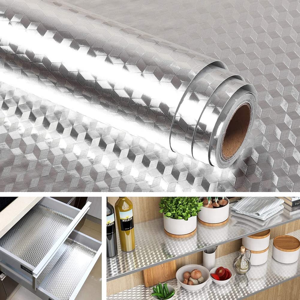 Kitchen Oil-Proof Waterproof Stickers ,3D Cube Texture Aluminum Foil Kitchen Stove Cabinet Contact Paper Counter top Cover Paper Self Adhesive Large Drawer Pad Oil