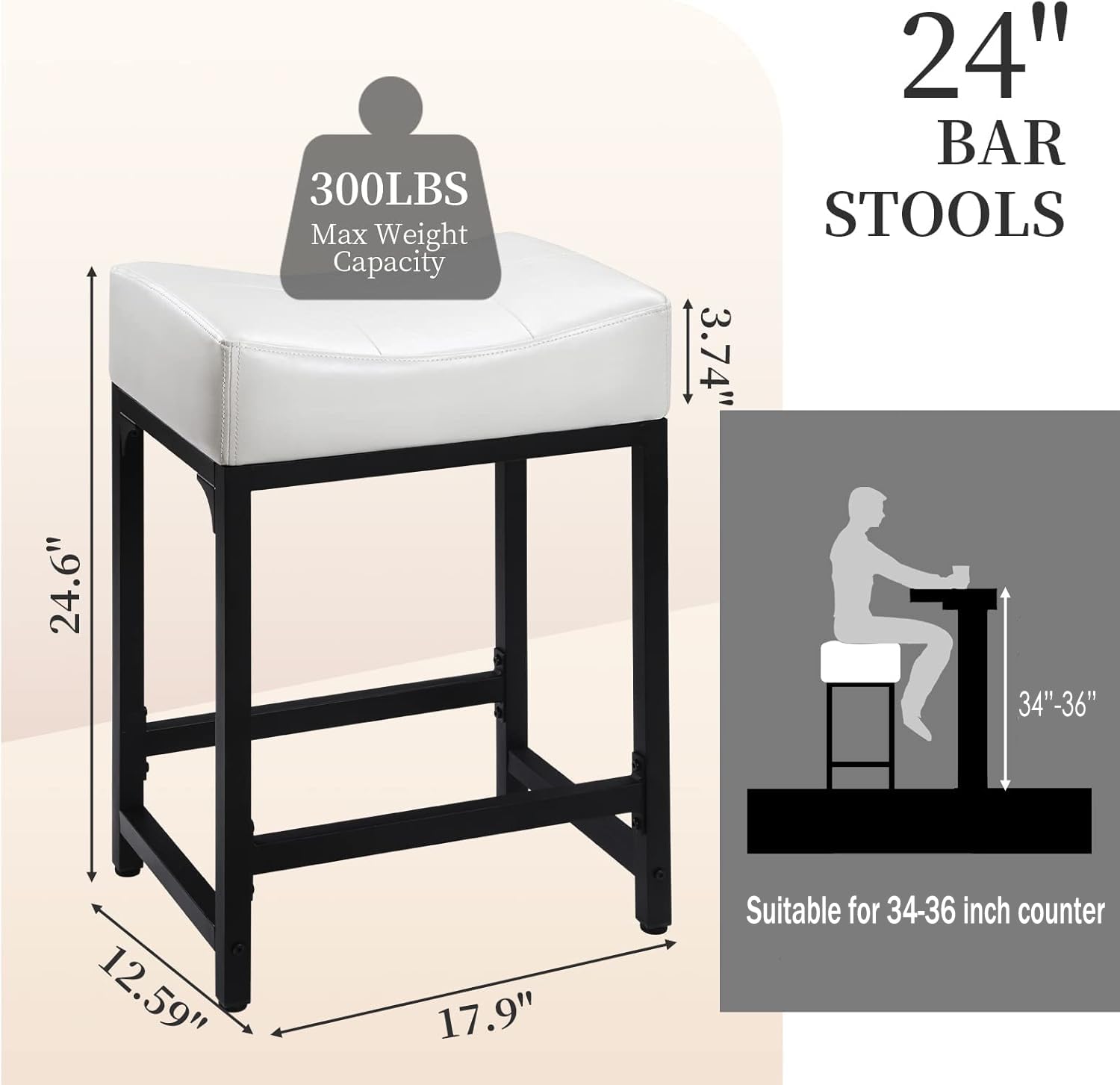FLYZC Off White Counter Height Bar Stools Set of 2, 24" White Bar Stools for Kitchen Counter with Saddle Cushion, Modern Backless Barstools Counter Stools Island Chair for Bar Kitchen
