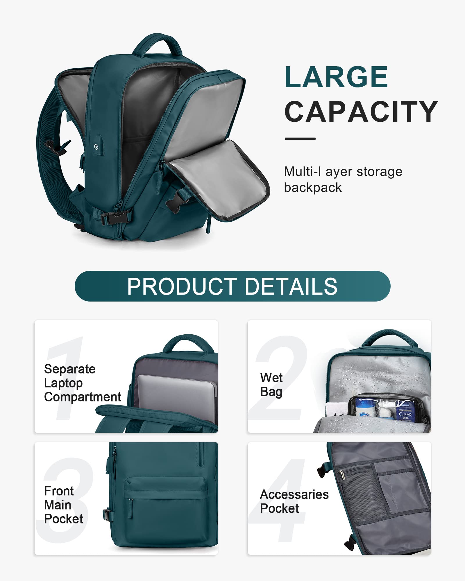 VECAVE Travel Backpack,Carry On Backpack for Women,Airline Flight Approved Waterproof 14 Inch Laptop Backpack with Shoe Compartment Casual Daypack Backpacks PeacockBlue