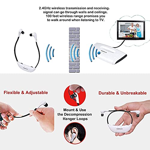 SIMOLIO 2.4G Long-Distance Wireless TV Headsets with an Extra Receiver for Replacement, One Base with One Charging Slot Only