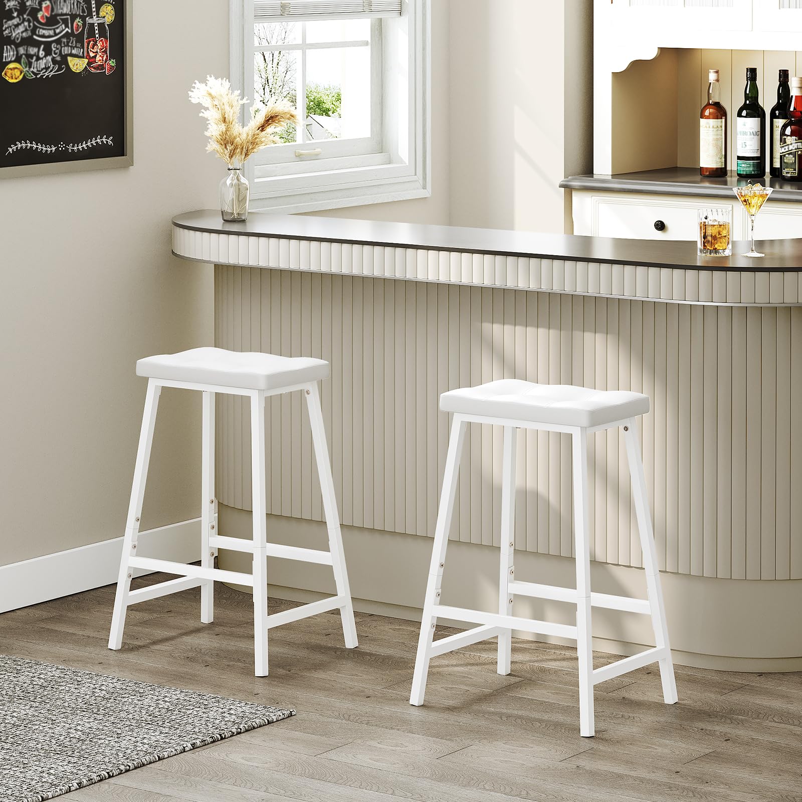 MAHANCRIS Bar Stools, Set of 2 PU Upholstered BarStools, 23.6-Inches Bar Chairs, Counter Height Bar Stools for Kitchen, Dining Room, Bar, Easy Assembly, White BABW04R01
