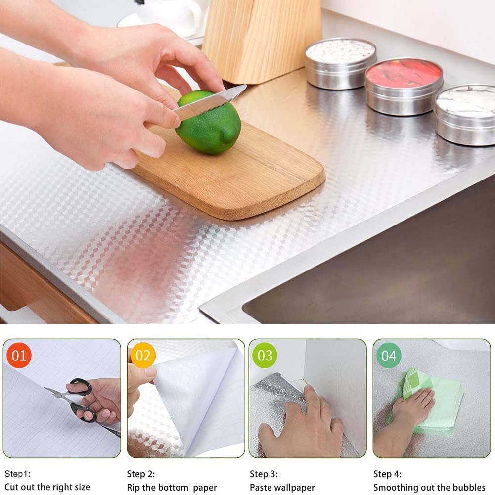 Kitchen Oil-Proof Waterproof Stickers ,3D Cube Texture Aluminum Foil Kitchen Stove Cabinet Contact Paper Counter top Cover Paper Self Adhesive Large Drawer Pad Oil