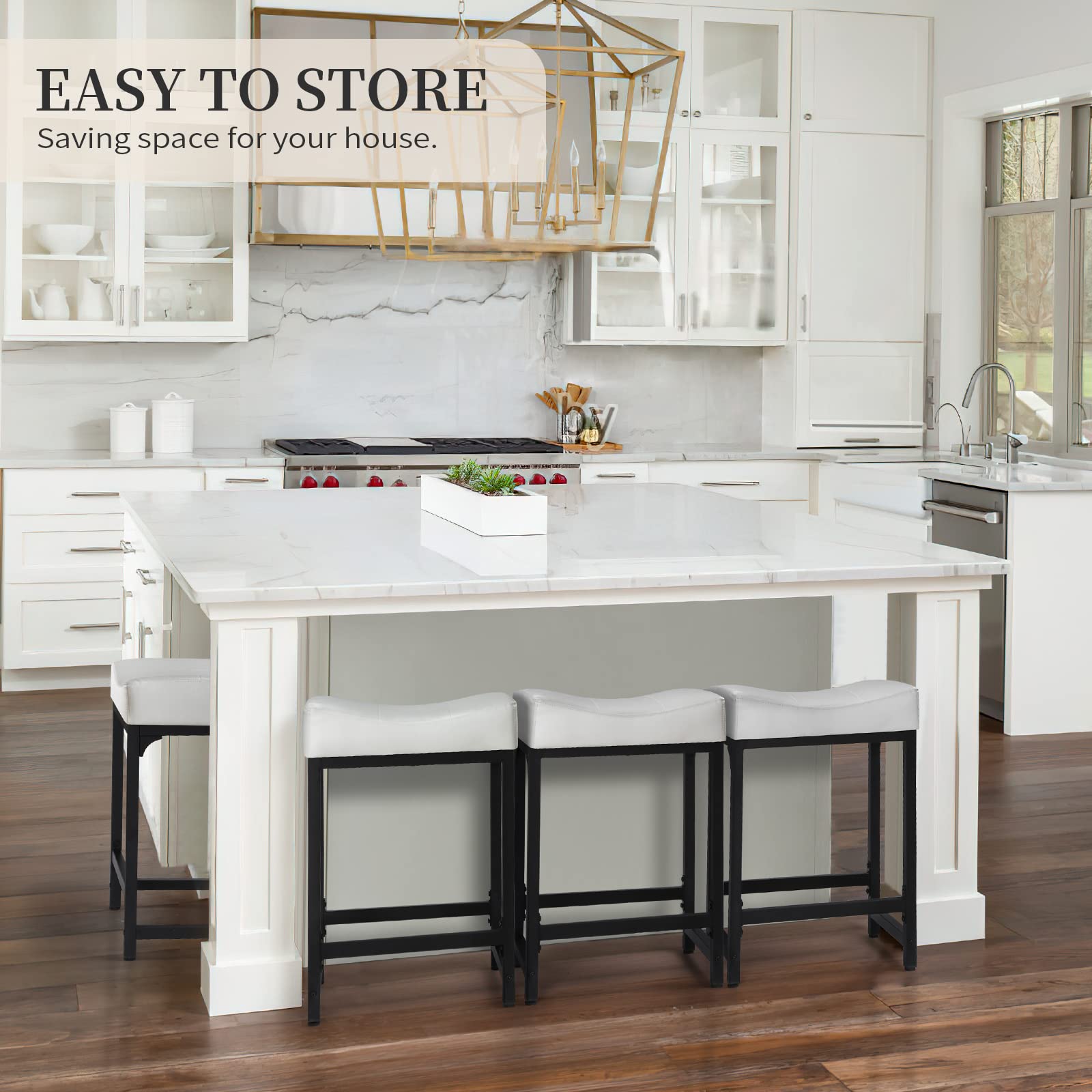 FLYZC Off White Counter Height Bar Stools Set of 2, 24" White Bar Stools for Kitchen Counter with Saddle Cushion, Modern Backless Barstools Counter Stools Island Chair for Bar Kitchen