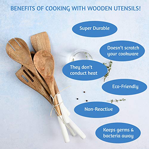 Folkulture Wooden Spoons for Cooking Set for Kitchen, Non Stick Cookware Tools or Utensils Includes Wooden Spoon, Spatula, Fork, Slotted Turner, Corner Spoon, Set of 5, 12 Inch, Acacia Wood, White