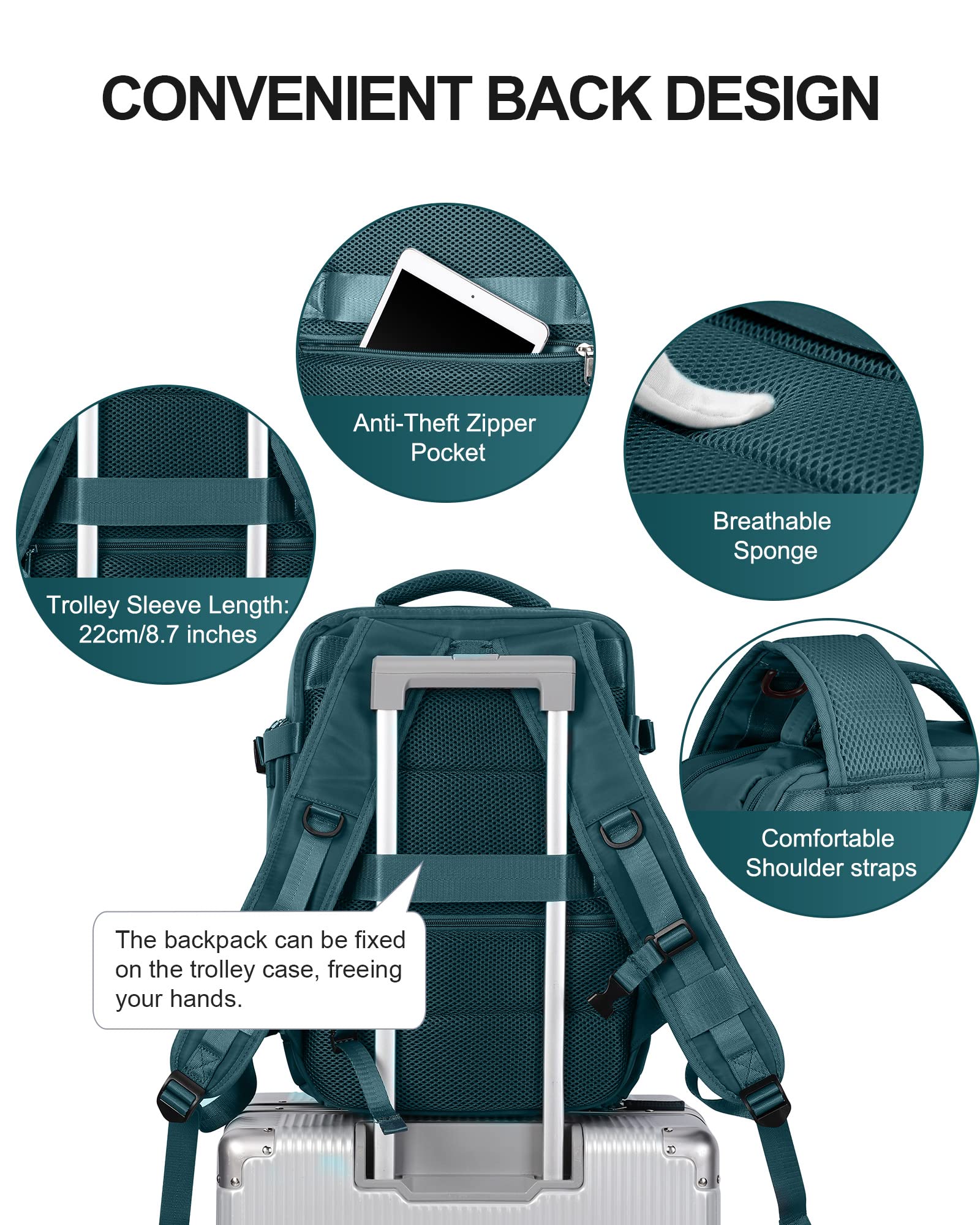 VECAVE Travel Backpack,Carry On Backpack for Women,Airline Flight Approved Waterproof 14 Inch Laptop Backpack with Shoe Compartment Casual Daypack Backpacks PeacockBlue