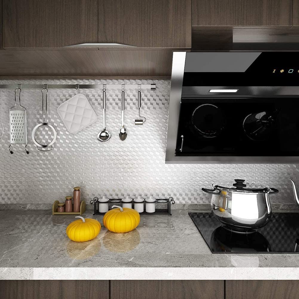 Kitchen Oil-Proof Waterproof Stickers ,3D Cube Texture Aluminum Foil Kitchen Stove Cabinet Contact Paper Counter top Cover Paper Self Adhesive Large Drawer Pad Oil