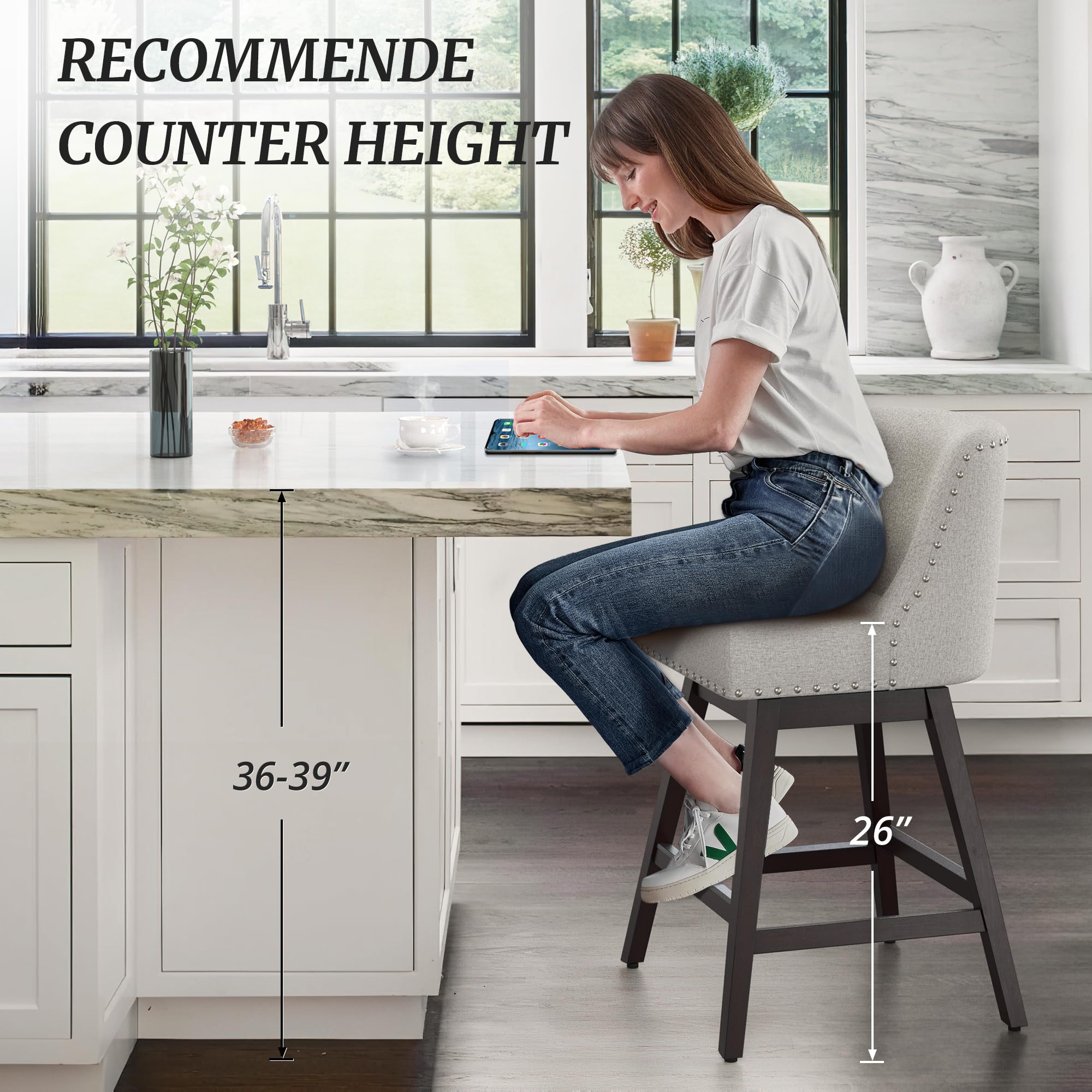Cozyman 26 Inch Bar Stools Set of 3, Light Gray Swivel Counter Stools with Back, Linen Fabric Upholstered Barstools, Solid Wood Legs with Footrest, Modern Bar Stool for Kitchen Island, Pub