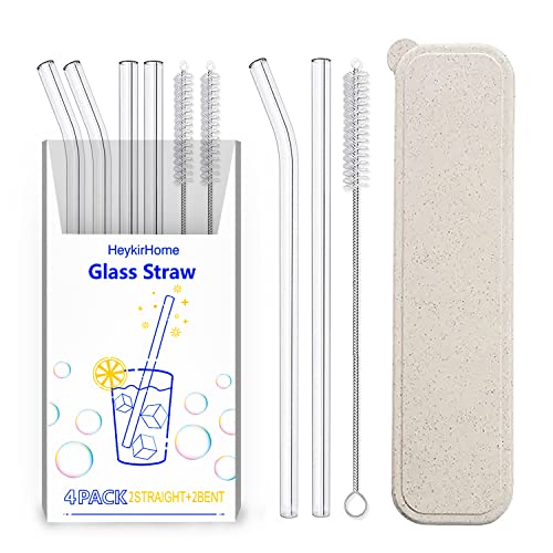 HeykirHome 4-Pack Reusable Glass Straw with Travel Case,Size 8.5''x10 MM,Including 2 Straight and 2 Bent with 2 Cleaning Brush- Perfect For Smoothies, Tea, Juice
