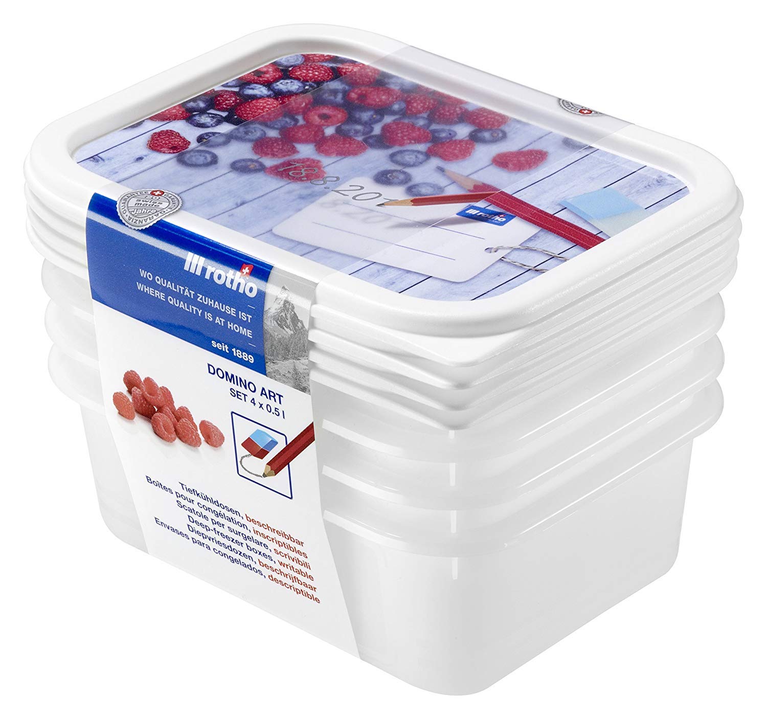 Rotho Domino Set of 4 Food Storage Container, Plastic (BPA-Free), 4X 0.5 litres (15.7 x 11.8 x 5.3 cm), Red, One Size