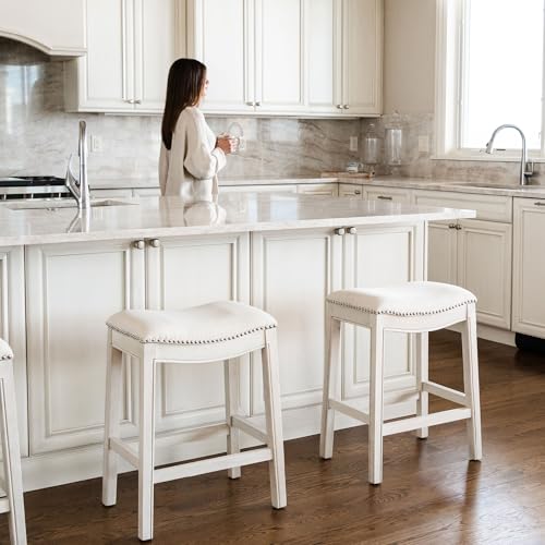 Maven Lane Adrien 26 Inch Counter Height Upholstered Backless Saddle Barstool in White Oak Finish with Natural Color Fabric Cushion Seat, Set of 2