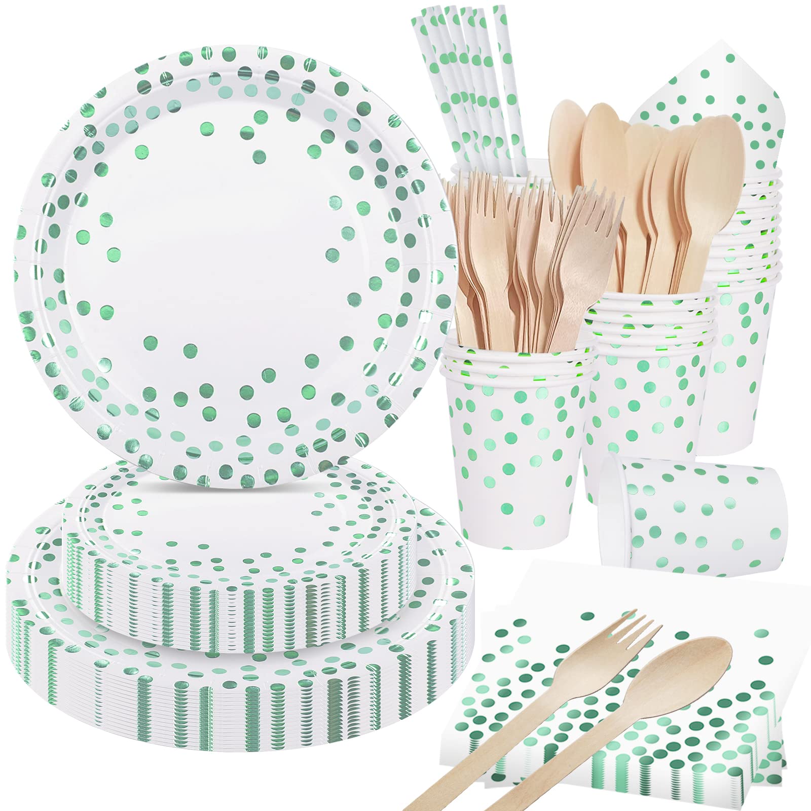 168PCS Green and Gold Party Supplies, Severs 24 Disposable Party Dinnerware Include Paper Party Plates, Cups, Napkins, Straw, Wooden Fork Spoon for Wedding, Birthday Party, Birthday Baby Shower