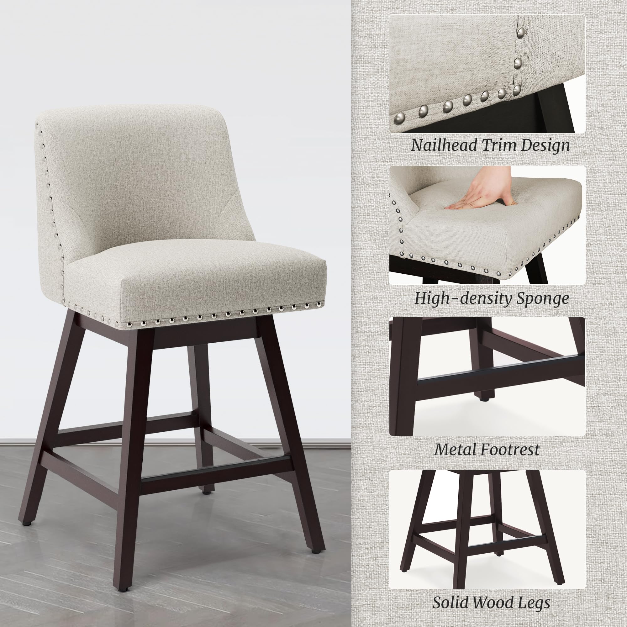 Cozyman 26 Inch Bar Stools Set of 3, Light Gray Swivel Counter Stools with Back, Linen Fabric Upholstered Barstools, Solid Wood Legs with Footrest, Modern Bar Stool for Kitchen Island, Pub