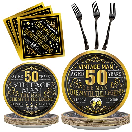Vintage 50th Birthday Party Tableware Set For Man-24 Guest-Back In 1974 50 Years Vintage Man Theme Birthday Party Supplies Decorations,Include Black Gold Plates,Napkins And Forks…