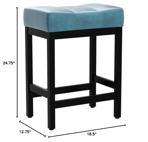 KATDANS Bar Stools Set of 2, 24" Counter Height Saddle Bar Stools, Upholstered PU Leather Bar Stools for Kitchen Island, Mid Century Modern Backless Barstools with Metal Base, KS861P-Teal, 2Pcs