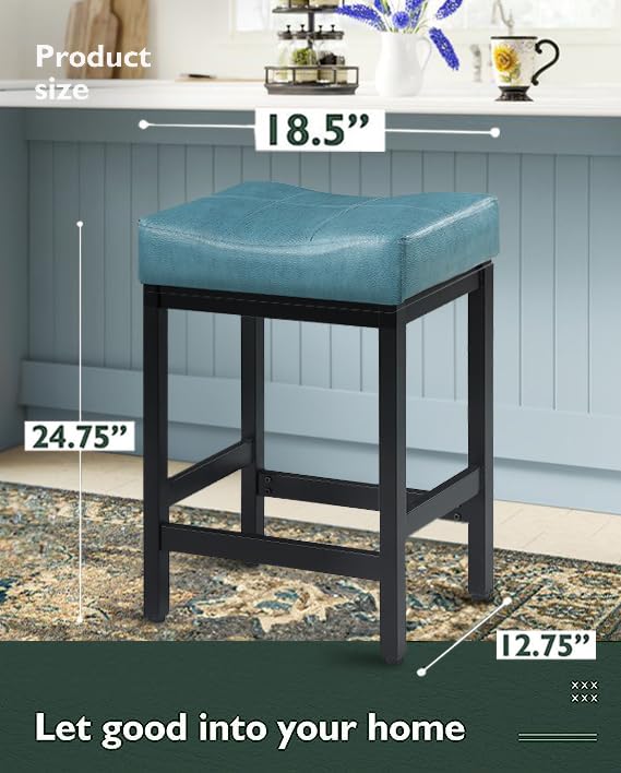 KATDANS Bar Stools Set of 2, 24" Counter Height Saddle Bar Stools, Upholstered PU Leather Bar Stools for Kitchen Island, Mid Century Modern Backless Barstools with Metal Base, KS861P-Teal, 2Pcs