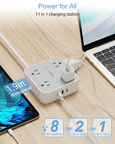 Ultra Thin Flat Extension Cord, Flat Plug Power Strip with USB C, 8 Widely Outlets, 3 USB Charger(1 USB C Port), 5 Ft, 900 Joules Surge Protector, Office Supplies, Travel, Dorm Room Essentials