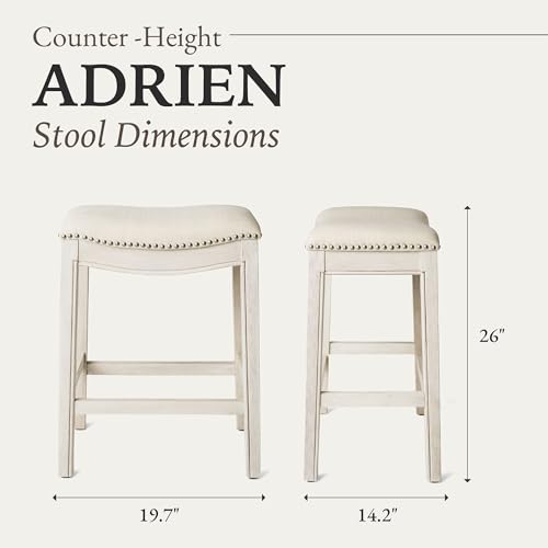 Maven Lane Adrien 26 Inch Counter Height Upholstered Backless Saddle Barstool in White Oak Finish with Natural Color Fabric Cushion Seat, Set of 2