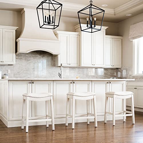 Maven Lane Adrien 26 Inch Counter Height Upholstered Backless Saddle Barstool in White Oak Finish with Natural Color Fabric Cushion Seat, Set of 2