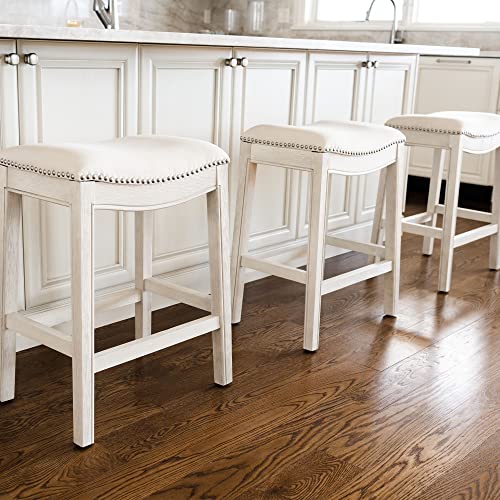 Maven Lane Adrien 26 Inch Counter Height Upholstered Backless Saddle Barstool in White Oak Finish with Natural Color Fabric Cushion Seat, Set of 2