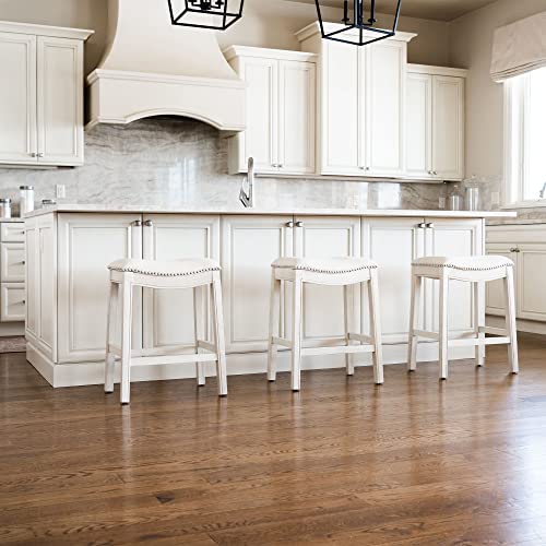 Maven Lane Adrien 26 Inch Counter Height Upholstered Backless Saddle Barstool in White Oak Finish with Natural Color Fabric Cushion Seat, Set of 2