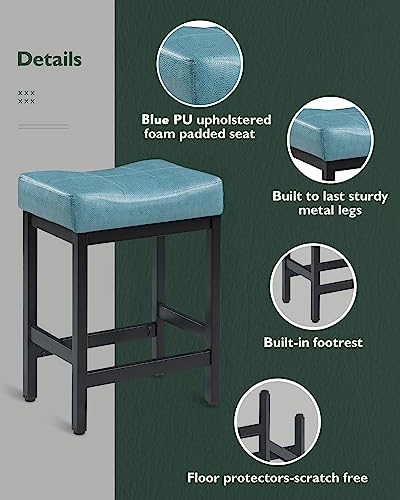 KATDANS Bar Stools Set of 2, 24" Counter Height Saddle Bar Stools, Upholstered PU Leather Bar Stools for Kitchen Island, Mid Century Modern Backless Barstools with Metal Base, KS861P-Teal, 2Pcs