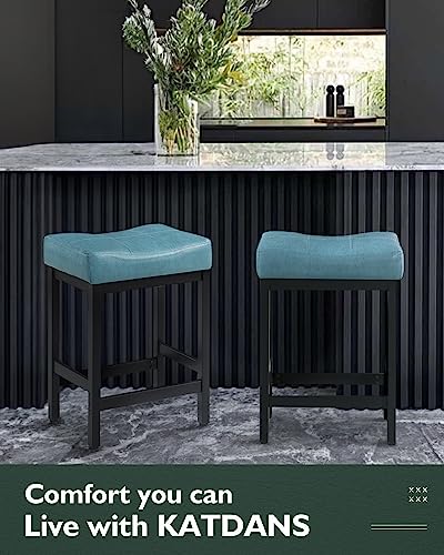 KATDANS Bar Stools Set of 2, 24" Counter Height Saddle Bar Stools, Upholstered PU Leather Bar Stools for Kitchen Island, Mid Century Modern Backless Barstools with Metal Base, KS861P-Teal, 2Pcs