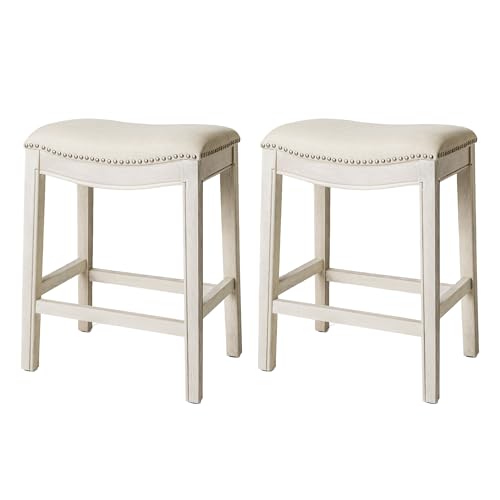 Maven Lane Adrien 26 Inch Counter Height Upholstered Backless Saddle Barstool in White Oak Finish with Natural Color Fabric Cushion Seat, Set of 2