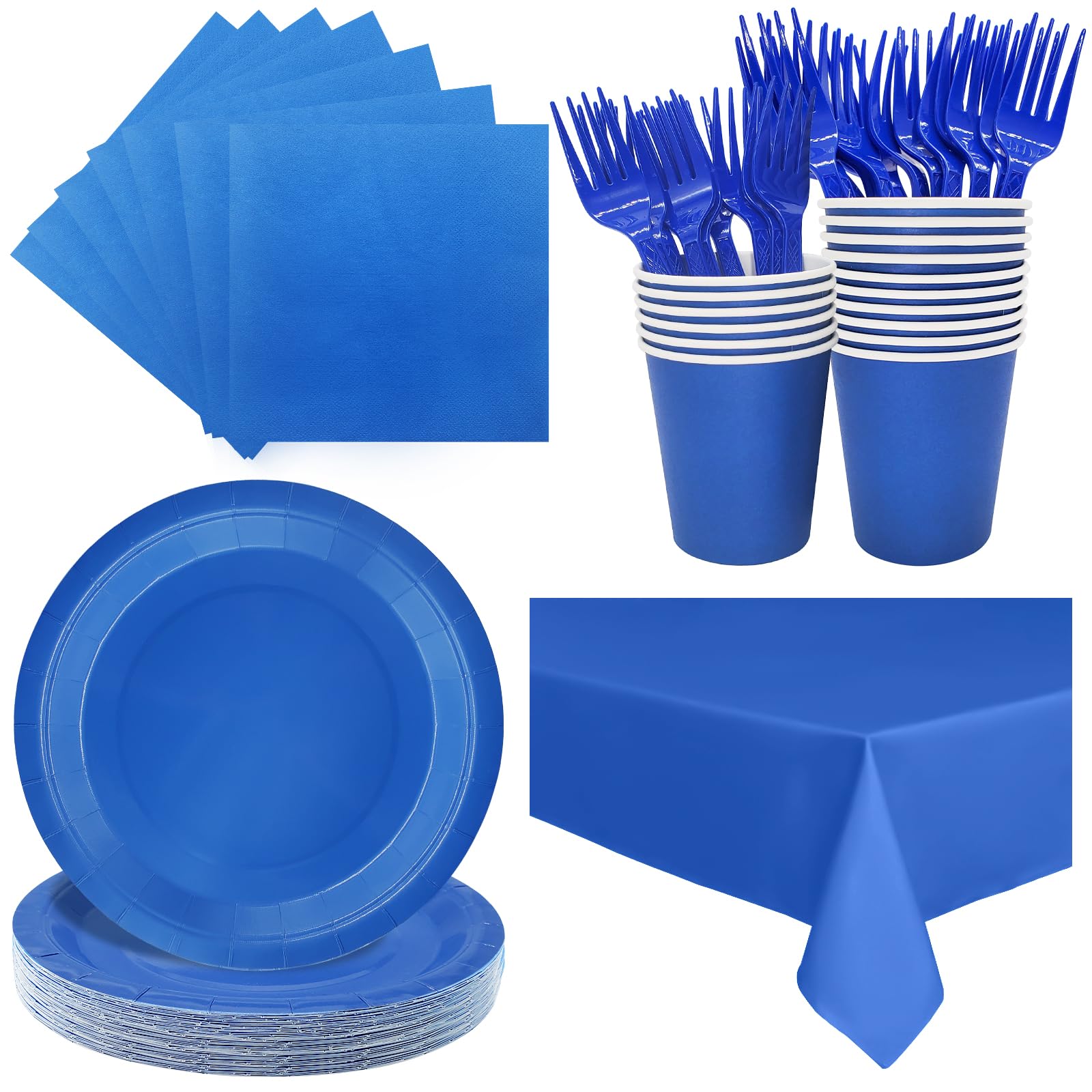 Severs 25 Guests Blue Party Supplies Set Include 9-inch Blue Paper Plates Cups Blue Napkins and Tablecloth,Blue Disposable Dessert Plates for Wedding Birthday