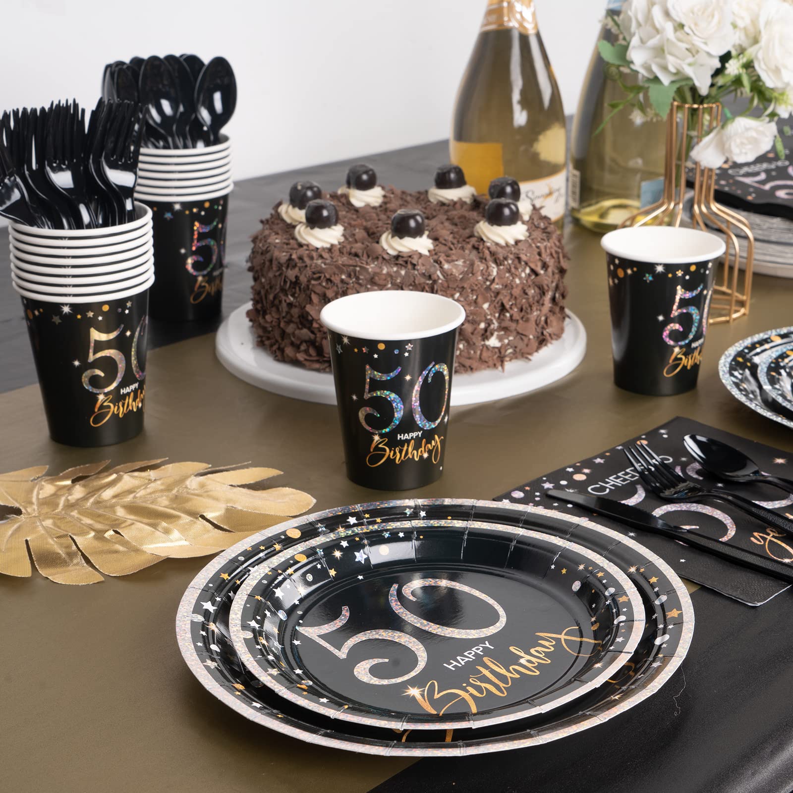 DECORLIFE 50th Birthday Plates and Napkins Serves 24, 50th Birthday Decorations for Men or Women, Cups, Knives, Forks, Spoons Included, Total 168pcs