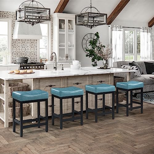 KATDANS Bar Stools Set of 2, 24" Counter Height Saddle Bar Stools, Upholstered PU Leather Bar Stools for Kitchen Island, Mid Century Modern Backless Barstools with Metal Base, KS861P-Teal, 2Pcs