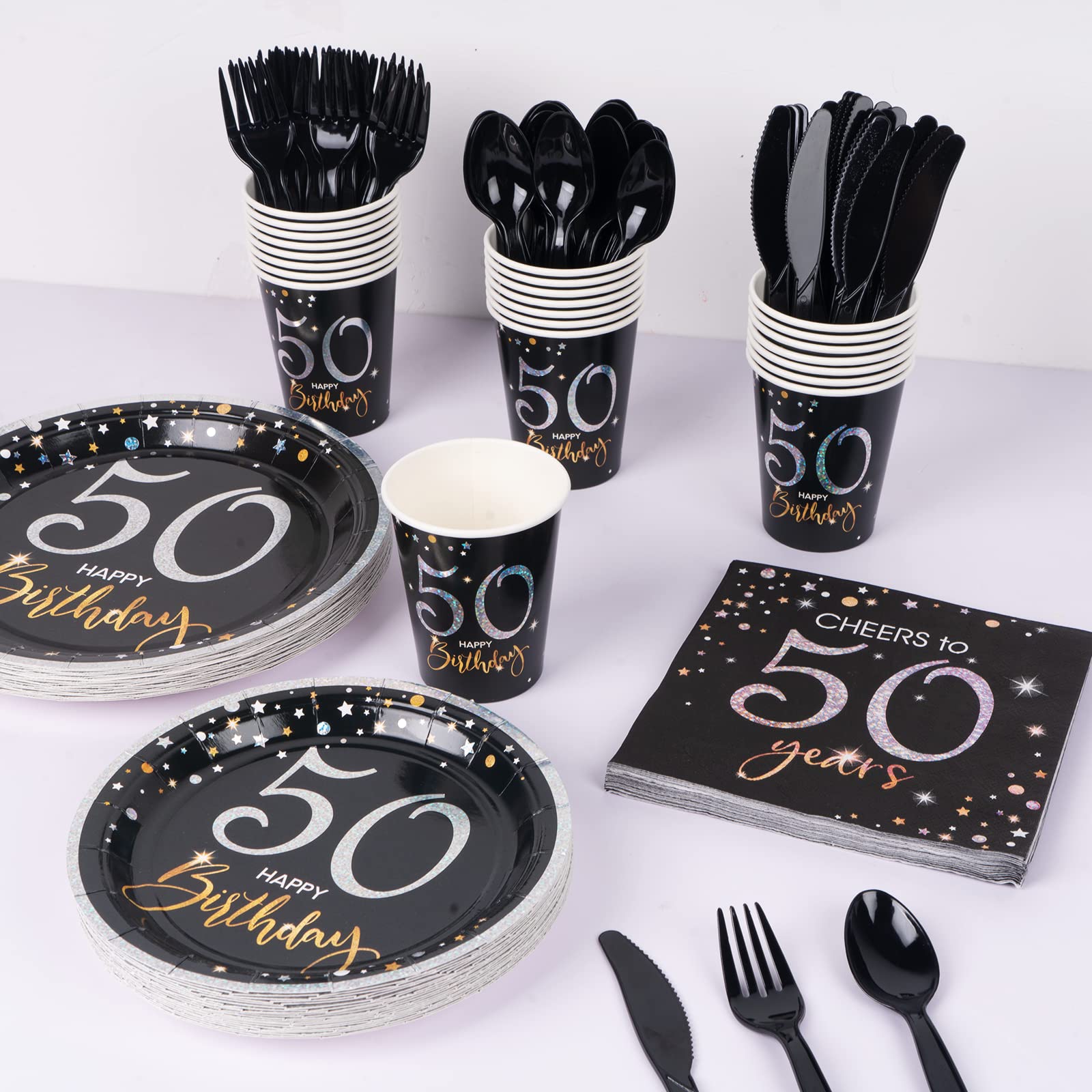 DECORLIFE 50th Birthday Plates and Napkins Serves 24, 50th Birthday Decorations for Men or Women, Cups, Knives, Forks, Spoons Included, Total 168pcs
