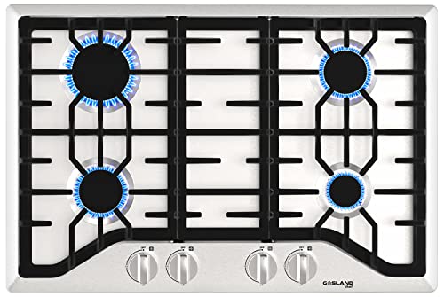 30 Inch Gas Cooktop, GASLAND 4 Italy Sabaf Sealed Burner Gas Stovetop, 30 inch Drop in Gas Range Cooktop,28,300 BTU NG/LPG Convertible,Heavy Duty Cast Iron Grates with Metal Knobs
