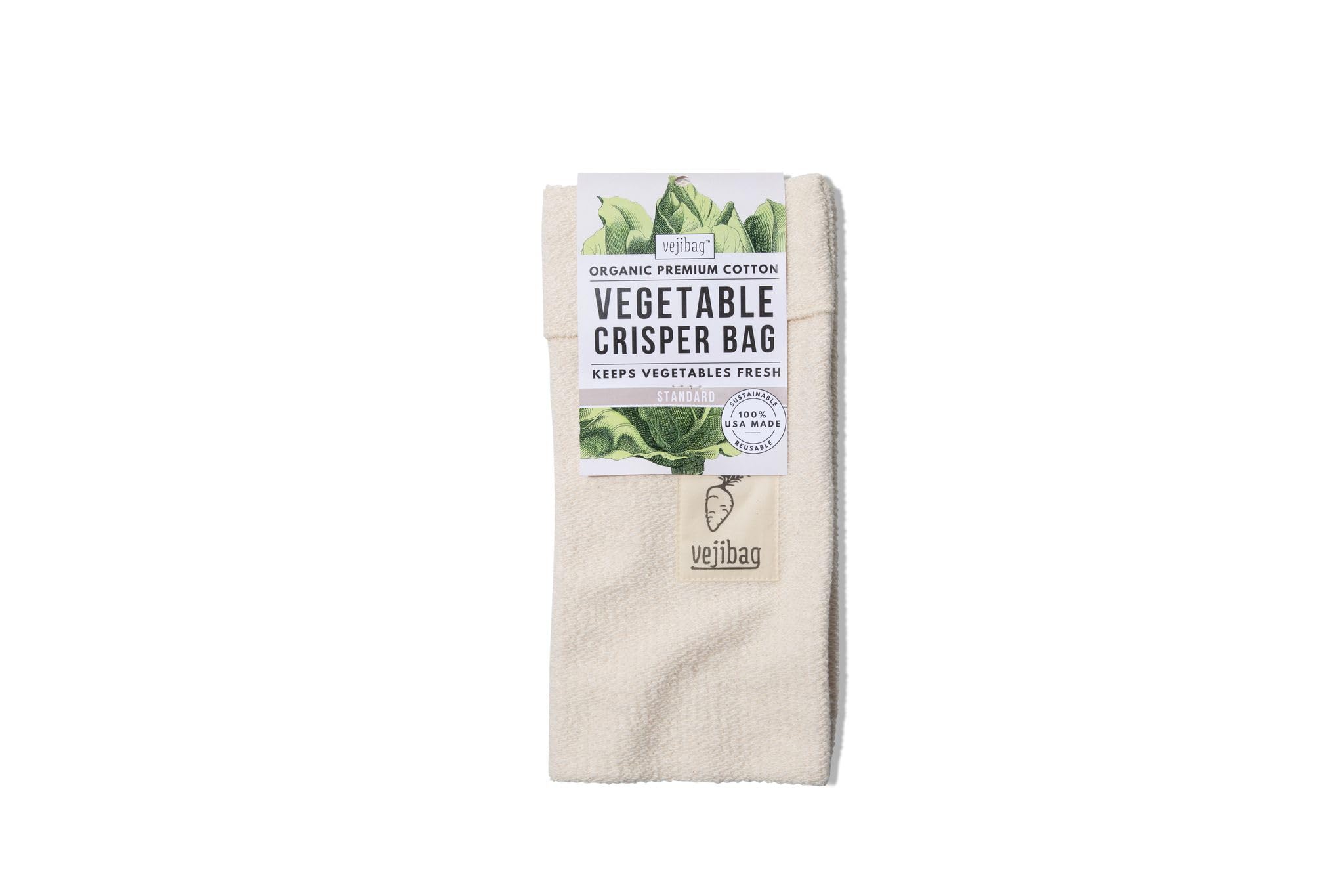 VEJIBAG Standard | Certified Organic Cotton Vegetable Crisper Bags | Produce Bags to Keep Lettuce & Veggies Fresh | Reusable, Eco-Friendly, Biodegradable, Machine Washable/Dryable | Made in USA