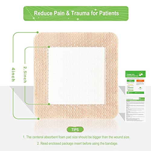 Silicone Adhesive Foam Dressing with Gentle Border 4''x4'' for Bed Sore Leg Ulcer 10 Pack, High Absorbency Waterproof Silicone Wound Bandage for Foot Diabetic Ulcer
