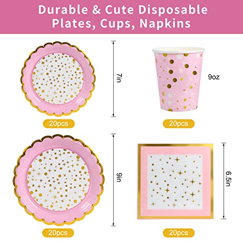 Pink and Gold Disposable Party Dinnerware Set, 20 Guest -141PCS with Paper Plates, Napkins, 9oz Cups, Plastic Silverware(Forks, Knives, Spoon), and Tablecloths, Party Supplies for Birthday Decoration
