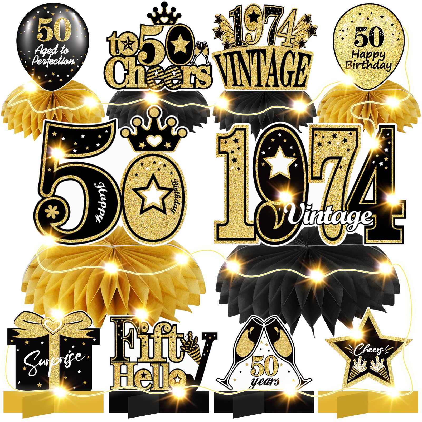 10PCS 50th Birthday Decorations Honeycomb Table Centerpieces with String Lights for Men Women, Black Gold Vintage 1974 Happy 50th Birthday Table Party Supplies, Cheers to 50 Years Old Decor