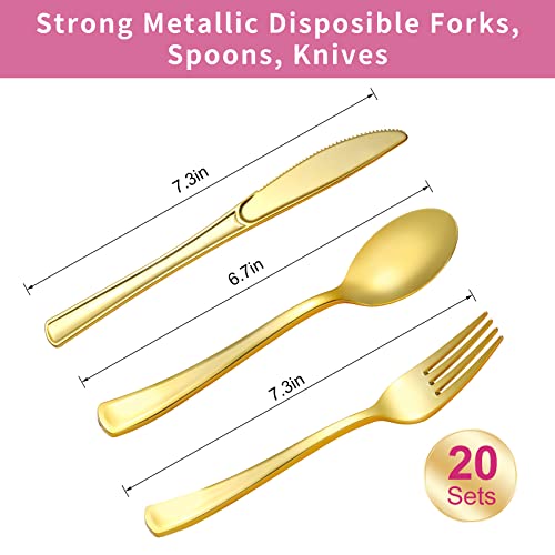 Pink and Gold Disposable Party Dinnerware Set, 20 Guest -141PCS with Paper Plates, Napkins, 9oz Cups, Plastic Silverware(Forks, Knives, Spoon), and Tablecloths, Party Supplies for Birthday Decoration