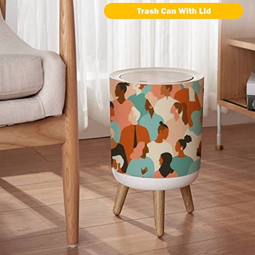 Small Trash Can with Lid Crowd of Young and Elderly Men and Women in Trendy Hipster Clothes Wood Legs Press Cover Garbage Bin Round Simple Human Waste Bin Wastebasket for Kitchen Bathroom Office