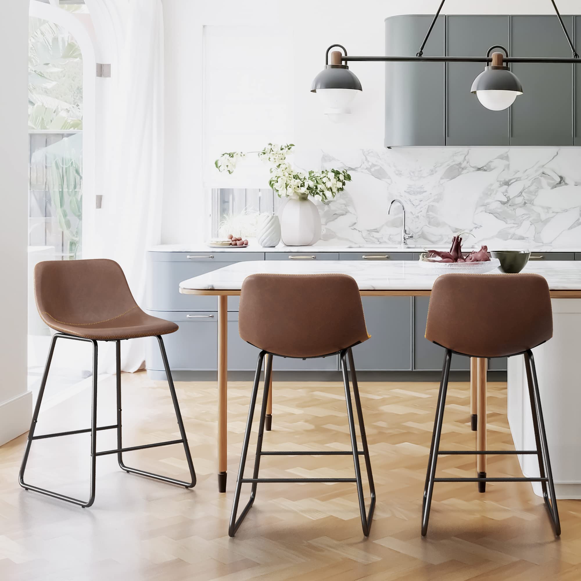 LUE BONA Bar Stools Set of 3, 24" ALX Faux Leather Barstools, Modern Counter Height Stools with Back and Metal Legs, Armless Counter Chairs for Kitchen Island, Brown