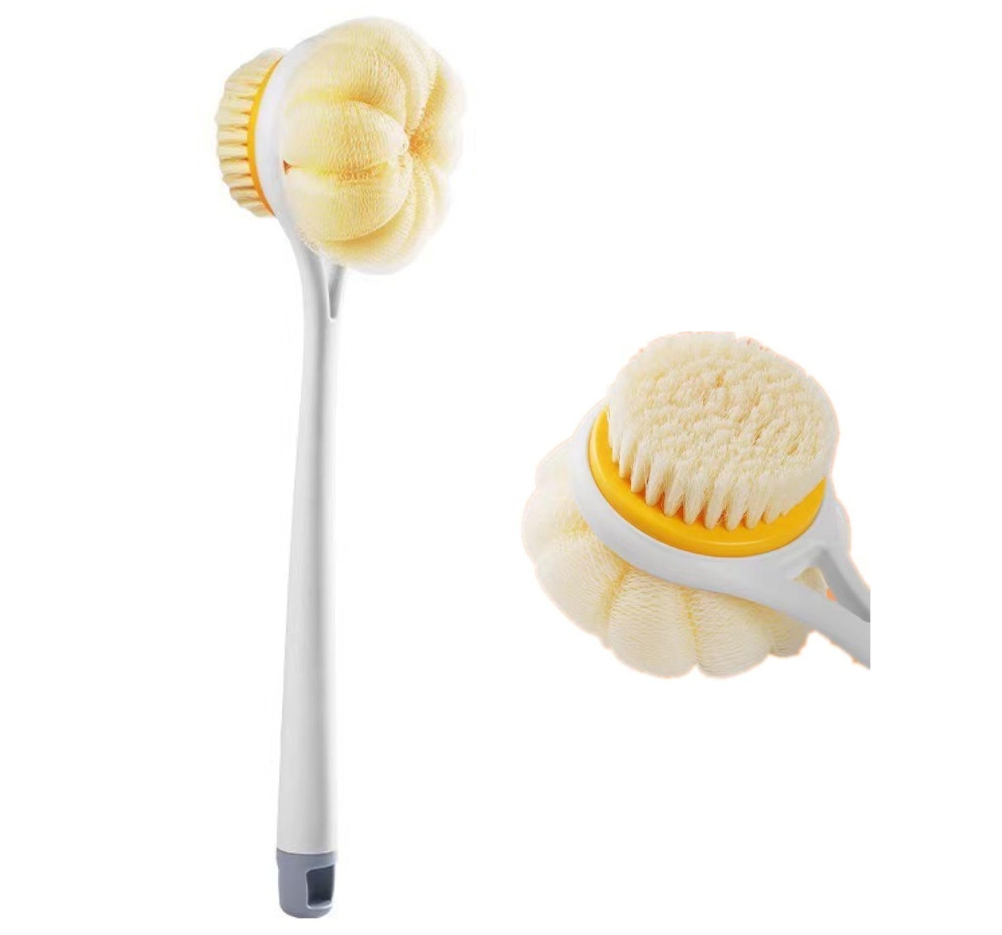 Back Scrubber for Shower, Body Scrubber with Soft Bristles and Loofah, Long Handle Bath Brush Skin Exfoliator Wet or Dry Body Brush, Shower Back Brush for Men Women, Anti Slip Handle, Dual-Sided