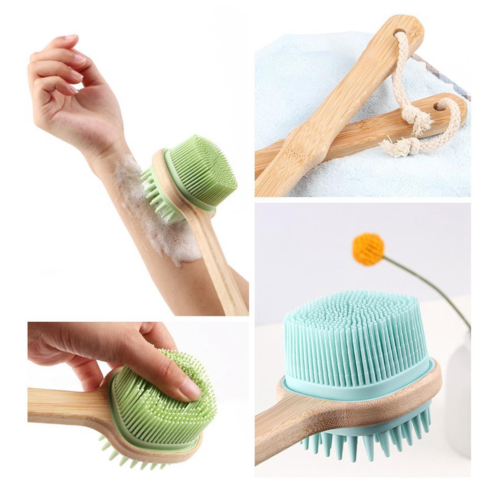 TOOYFUL Shower Brush Back Scrubber for Shower, Cleaning Skin Wet Brushing, Dual Sided Long Handle Back Scrubber, Bath Brush for Lotion Body,Women Men, Green, 32.5cmx7.1cm