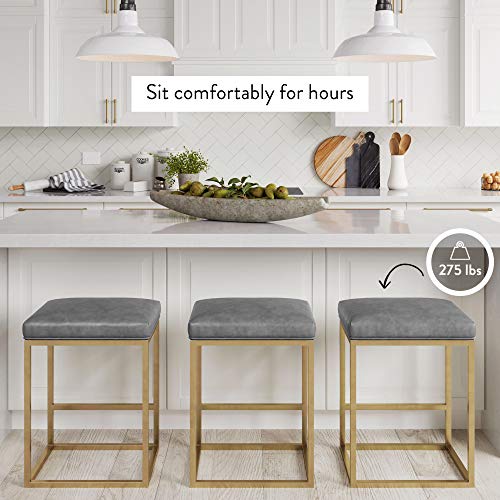 Nathan James Nelson Backless Pub-Height Kitchen Counter Bar Stool with Faux Leather Cushion and Metal Base, 24", Gray/Gold