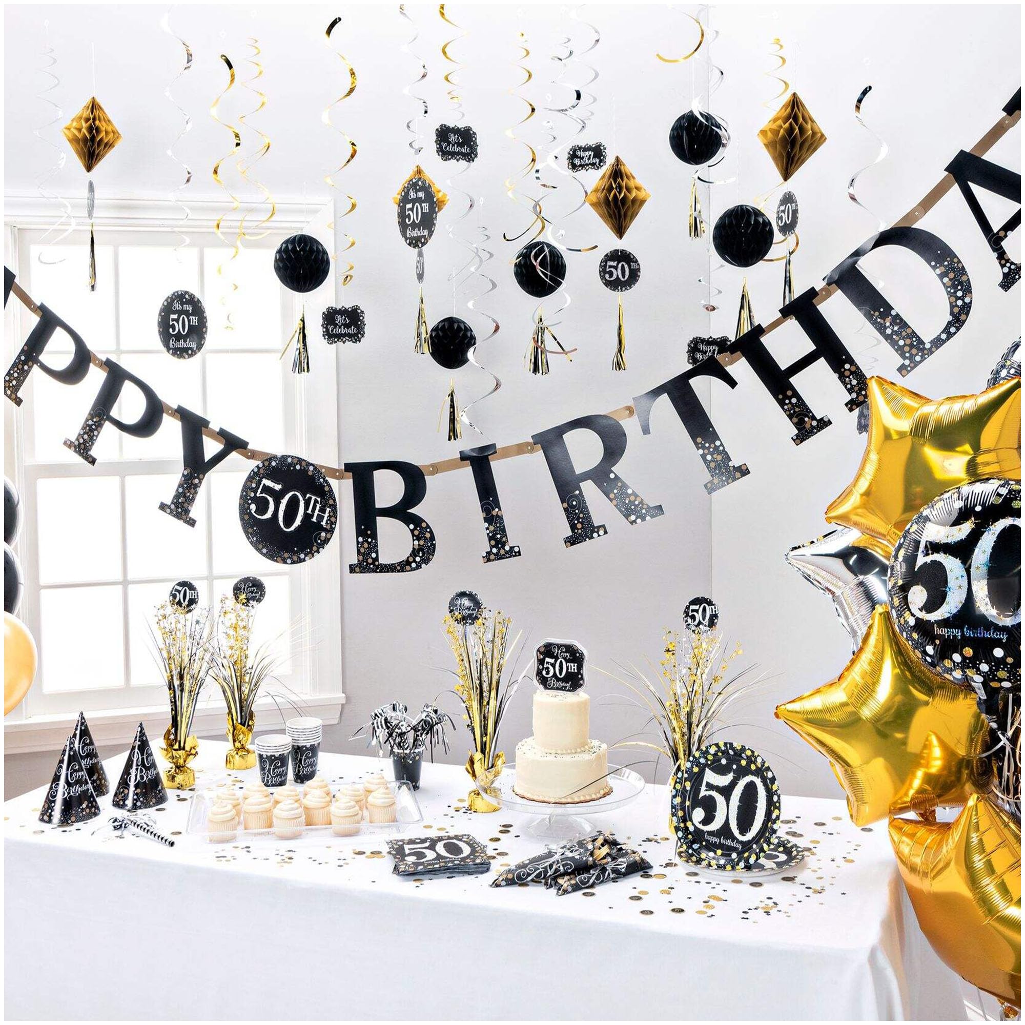 50th Birthday Party Supplies - Metallic Silver and Gold Dot Paper Dessert Plates and Napkins (Serves 16)